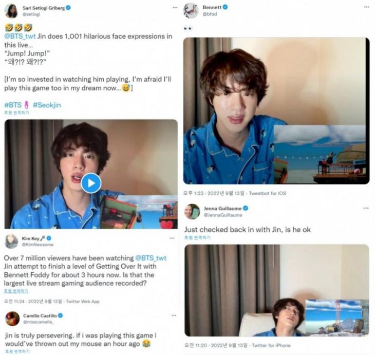 ″Jin is perfect″ 방탄소년단(BTS) 진의 '게임 라이브'에 WHO∙버즈피드 등 전세계 공식계정 '뜨거운 반응 ...