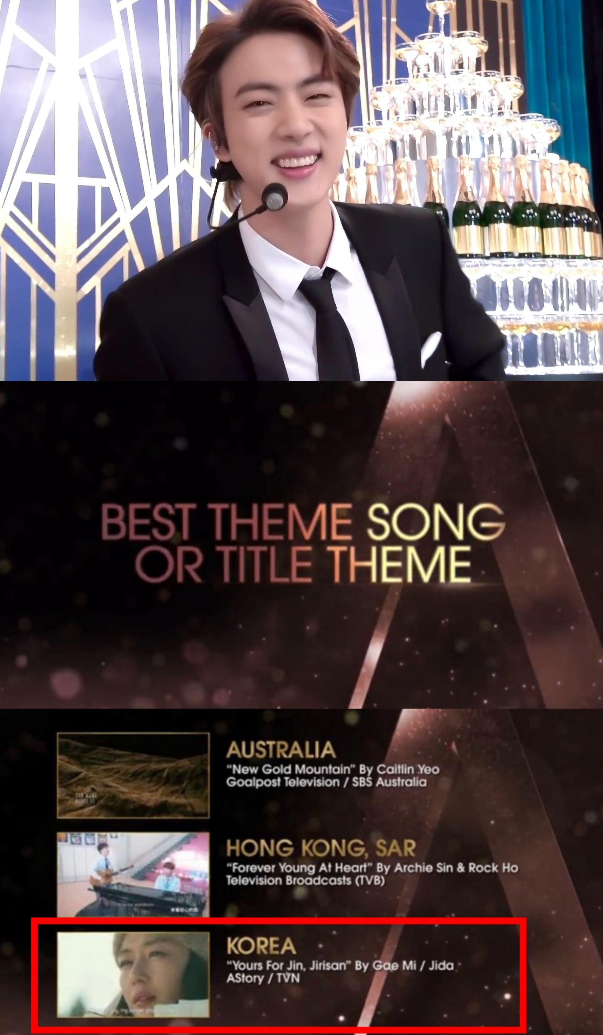 'National Winner Jin' 방탄소년단 진 'Yours'(유어스), 'AACA 시상식 베스트 테마송' 한국 대표곡 선정 - 황선용 기자 - 톱스타뉴스