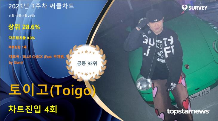 토이고(Toigo), 써클차트 4회 랭크·차트점유율 0.3%로 공동 93위·상위 28.6%…대표곡은 'BLUE CHECK ...