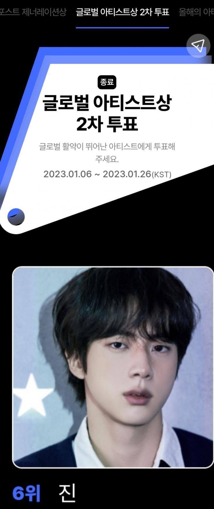 [BTS News] '독보적 인기' 방탄소년단 진, 한터뮤직어워즈 글로벌 아티스트 남자솔로 최고순위 기록 - 황선용 기자 - 톱스타뉴스