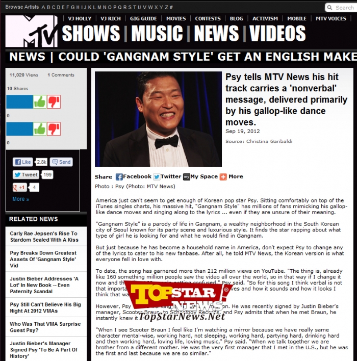 MTV, looking deeper into interview with Psy [KPOP] - Min Ji Park 기자 - 톱스타뉴스